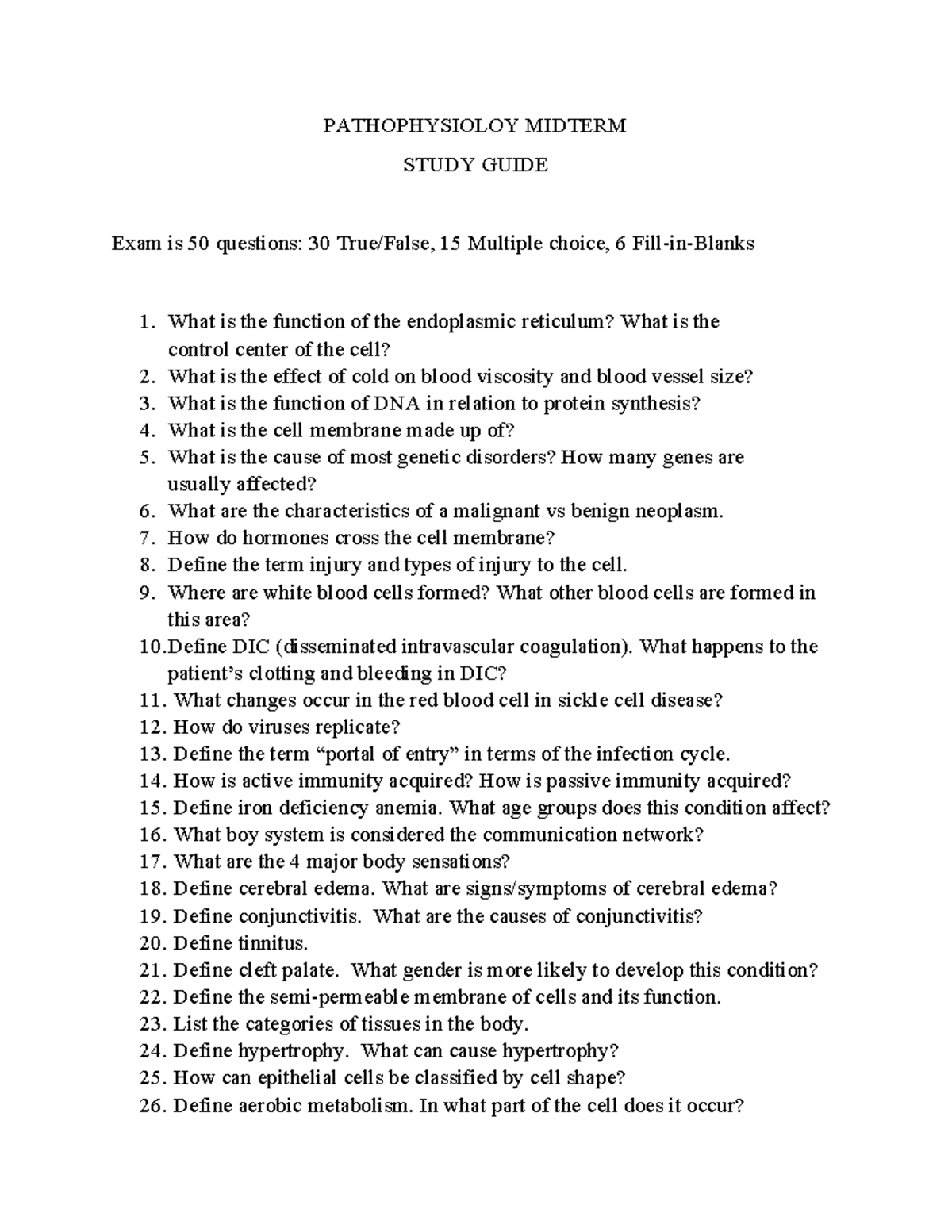 Pathophysioloy Midterm study guide - PATHOPHYSIOLOY MIDTERM STUDY GUIDE ...