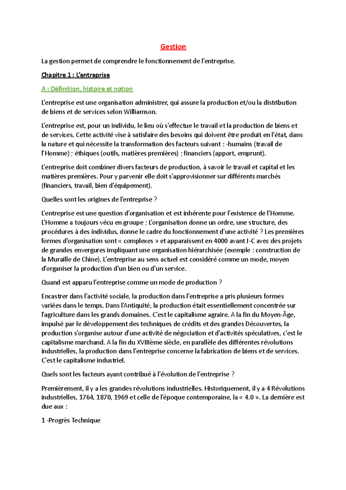 Chapitre 1 - Gestion La gestion permet de comprendre le fonctionnement de l’entreprise. Chapitre ...