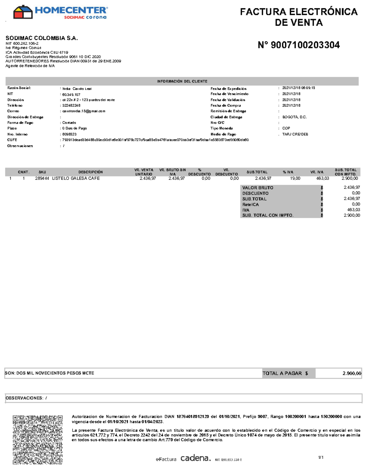 Homecenter FAC 9007100203304 Listelos Cosina - FACTURA ELECTR Ó NICA DE VENTA SODIMAC COLOMBIA S ...