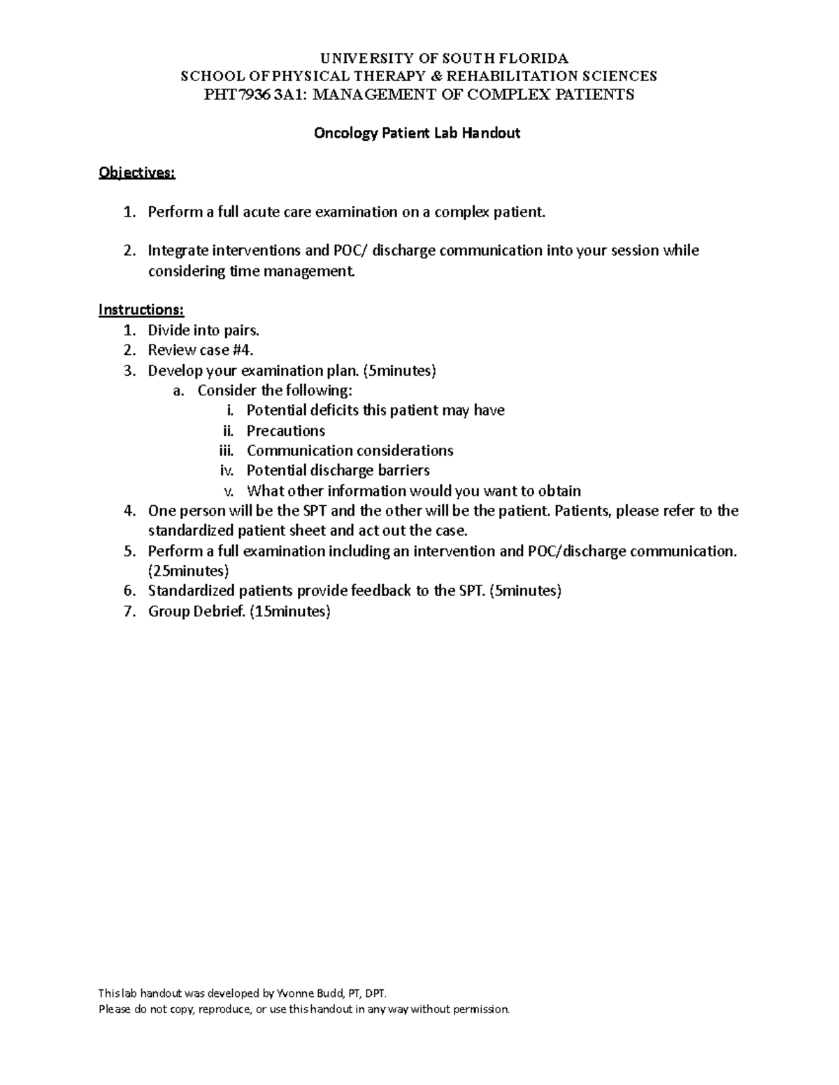 Oncology Patient Handling Lab Handout - UNIVERSITY OF SOUTH FLORIDA ...