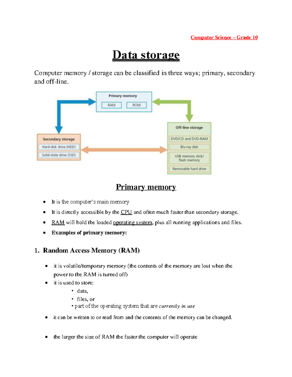 Primary and secondary storage - Computer Science – Grade 10 Data storage Computer memory ...