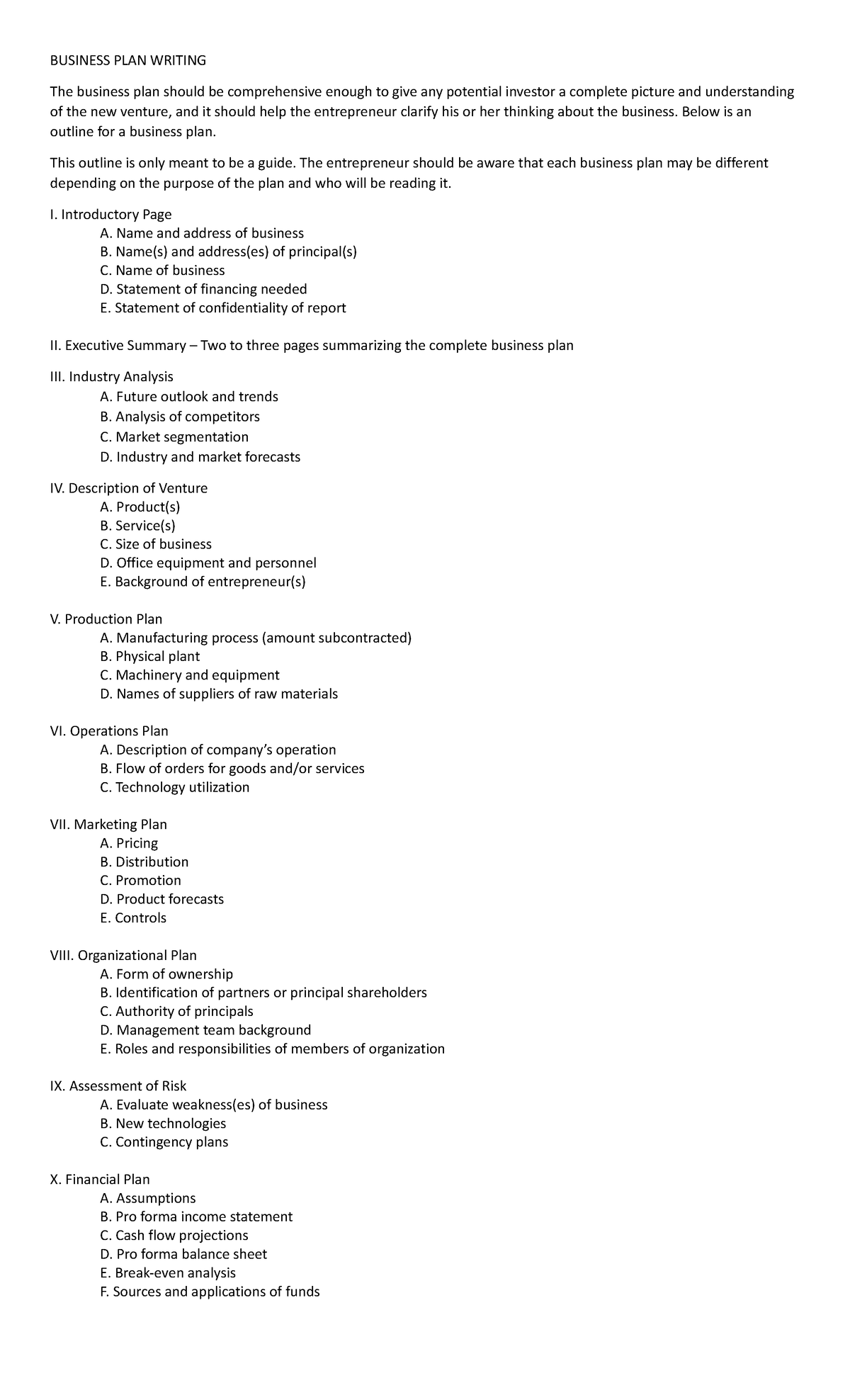 Business plan outline revised - BUSINESS PLAN WRITING The business plan ...