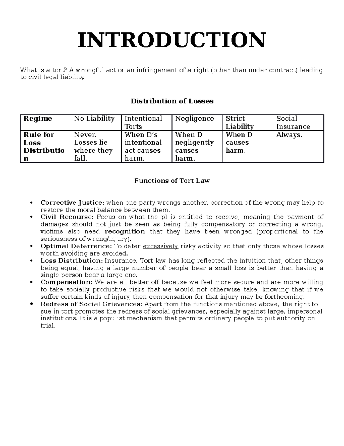 Torts Outline - INTRODUCTION What is a tort? A wrongful act or an ...