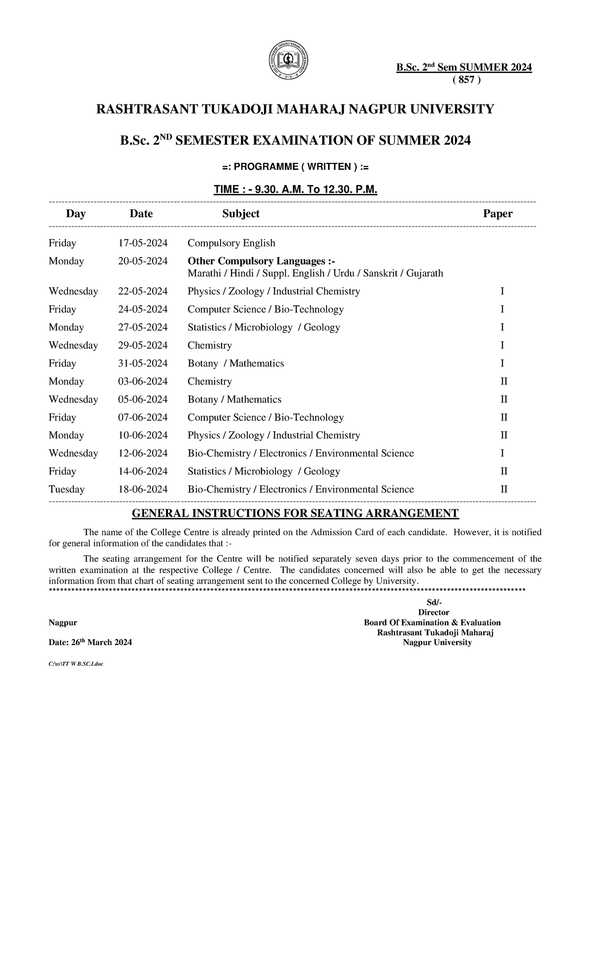 B Sc 2nd sem - B. 2 nd Sem SUMMER 2024 ( 857 ) RASHTRASANT TUKADOJI MAHARAJ NAGPUR UNIVERSITY B ...