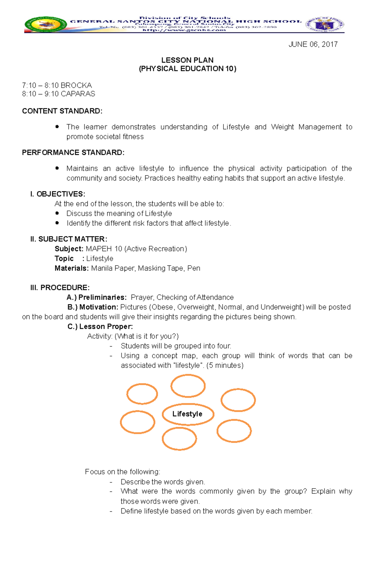 June 6-7 - ......... - JUNE 06, 2017 LESSON PLAN (PHYSICAL EDUCATION 10 ...