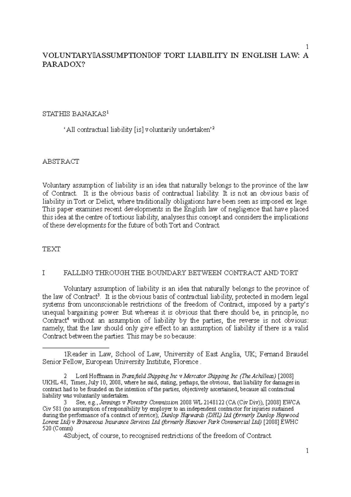 Banakas Voluntary Assumption of Liability in Tort law - VOLUNTARY ...