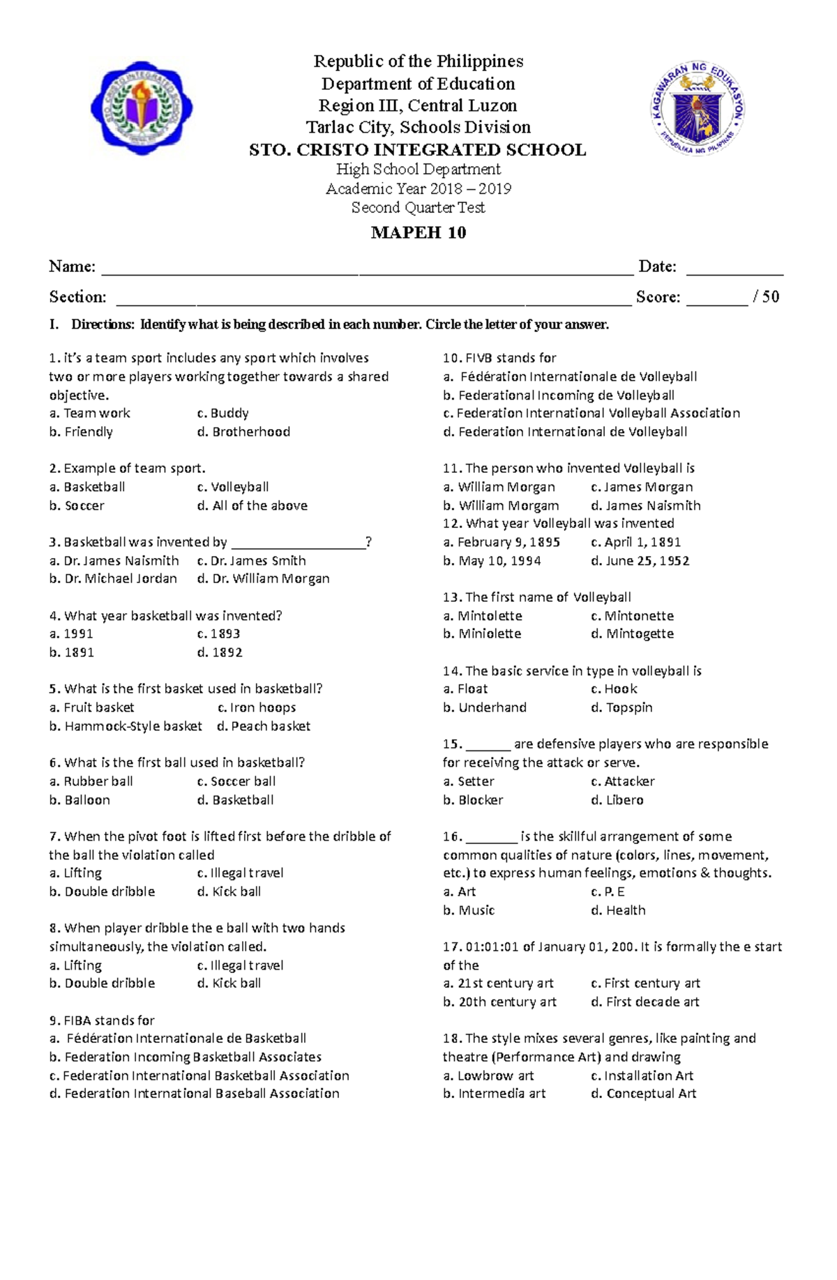 G10-2nd Quarter EXAM - JHS- Grade 10 Q2-Test - Republic of the ...