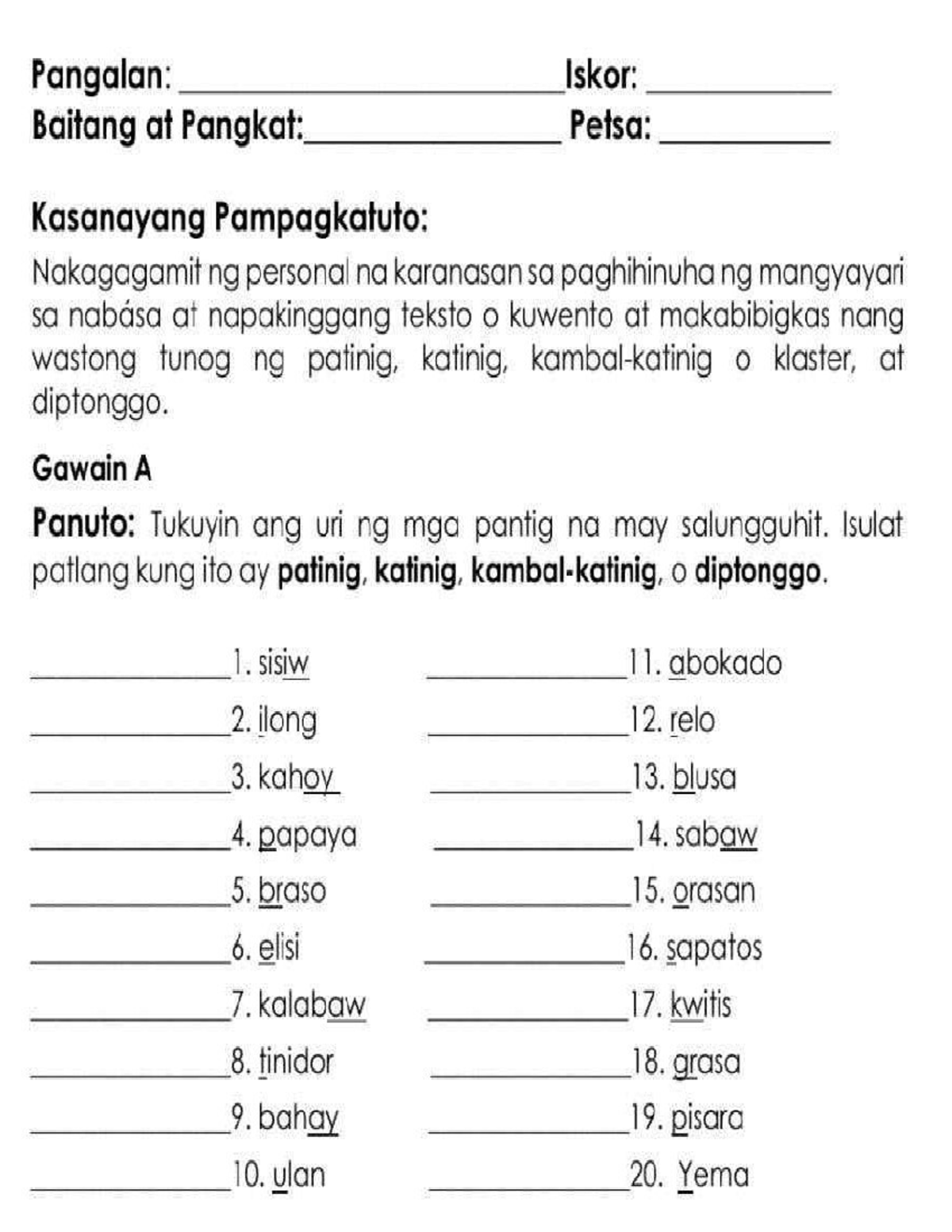 Filipino 3 worksheet - PHYSICAL SCIENCE - Studocu
