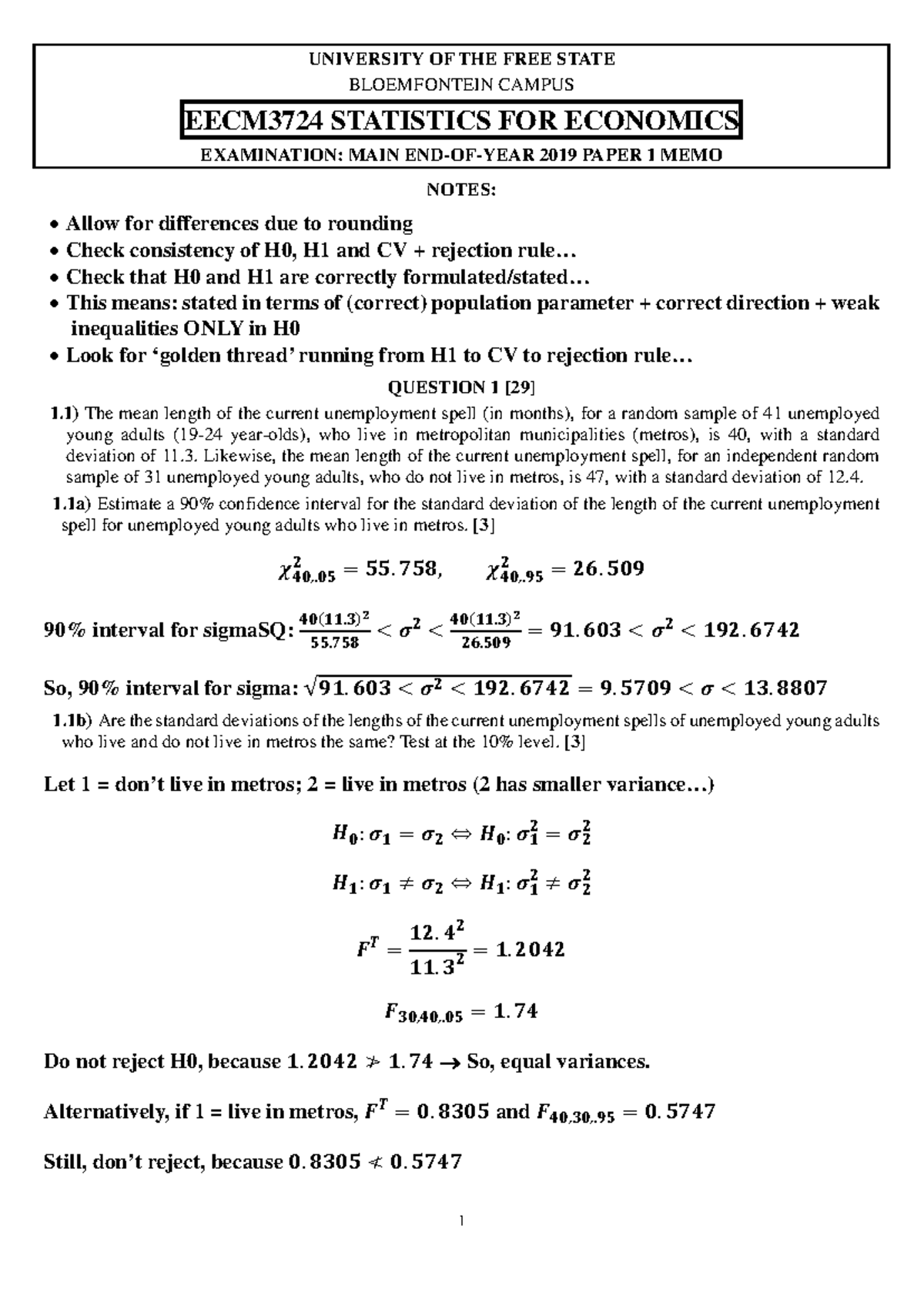 Memo 2019 Paper 1 - memo - UNIVERSITY OF THE FREE STATE BLOEMFONTEIN ...