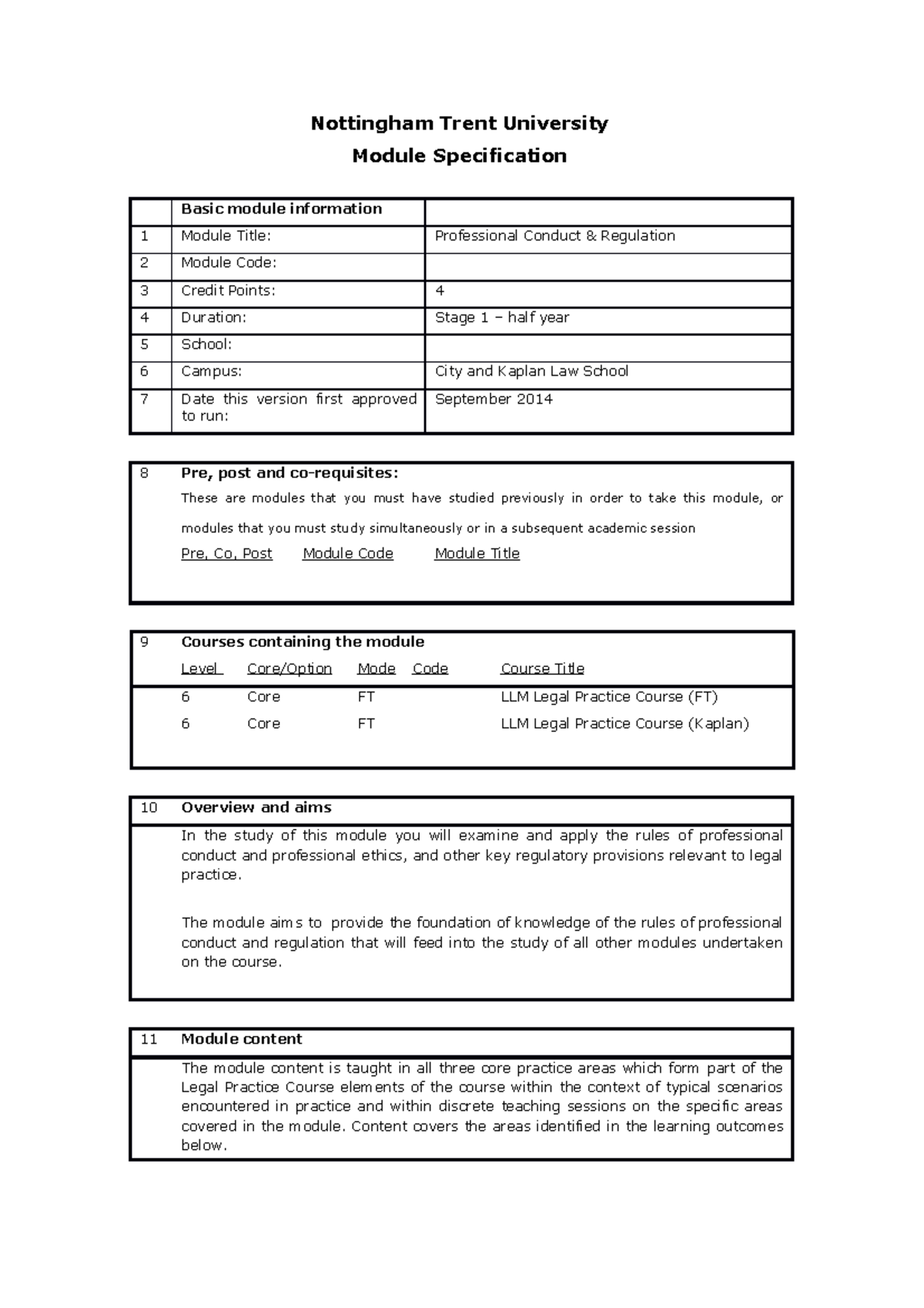 Module Specification - Conduct - Nottingham Trent University Module ...