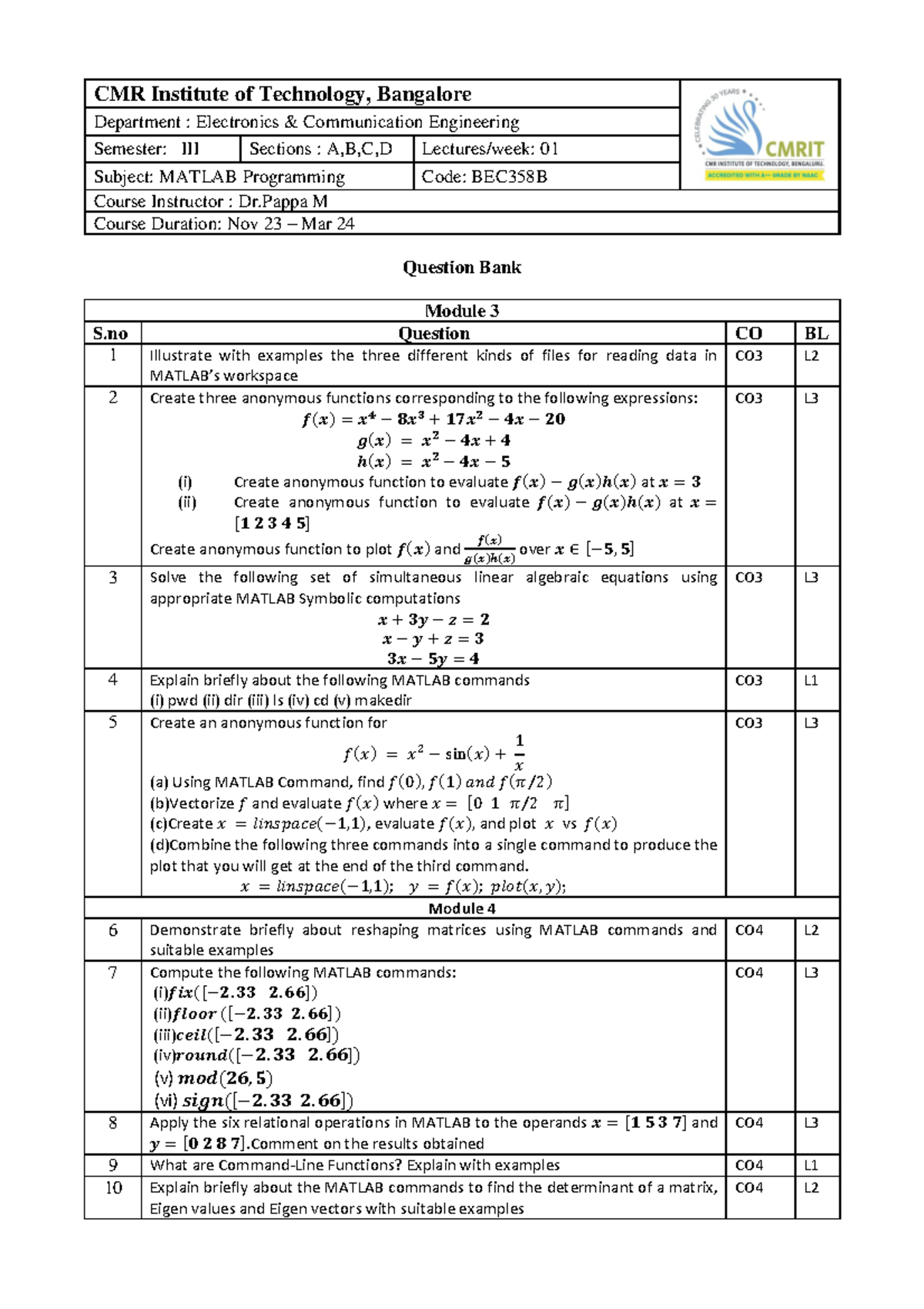 BEC358B - Matlab Programming Question Bank - Module 3,4 & 5 - 02 - Question Bank Module 3 S ...
