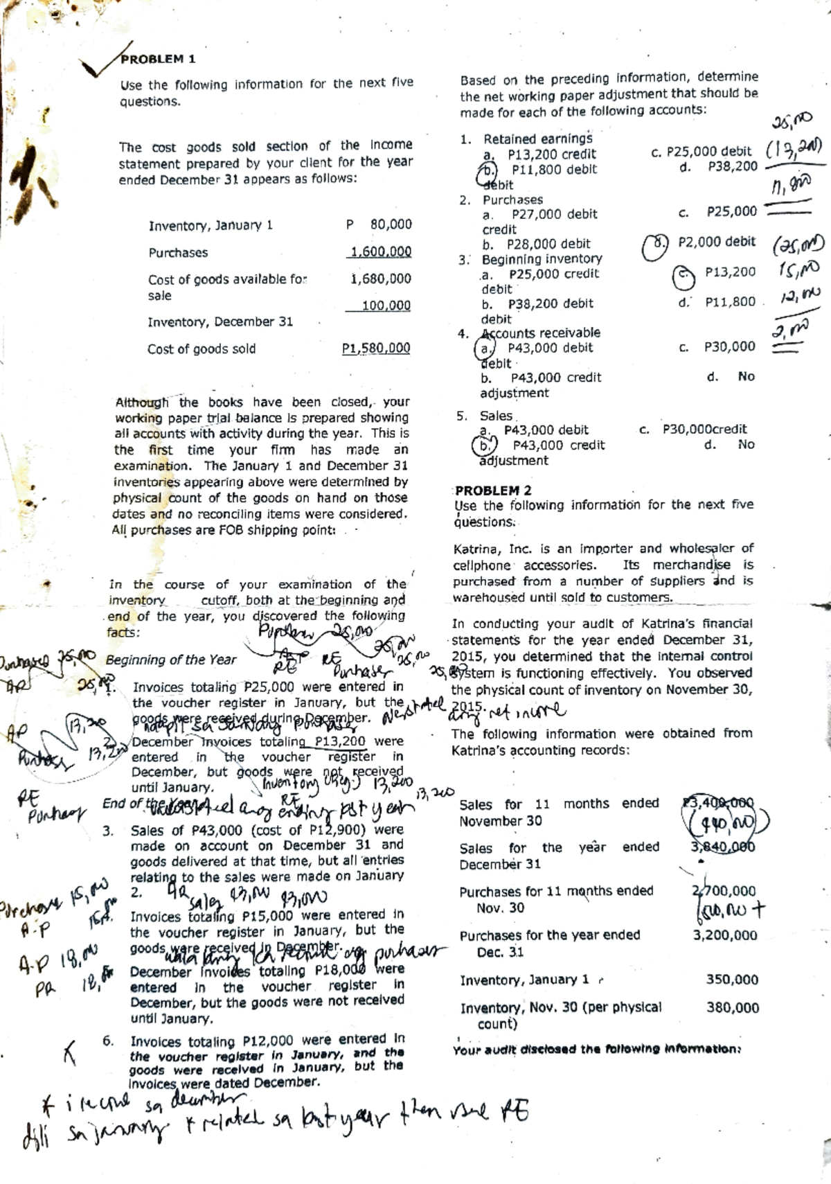 Auditing Problems- Sales AND Inventory CUT OFF - PROBLEM 1 Use the ...