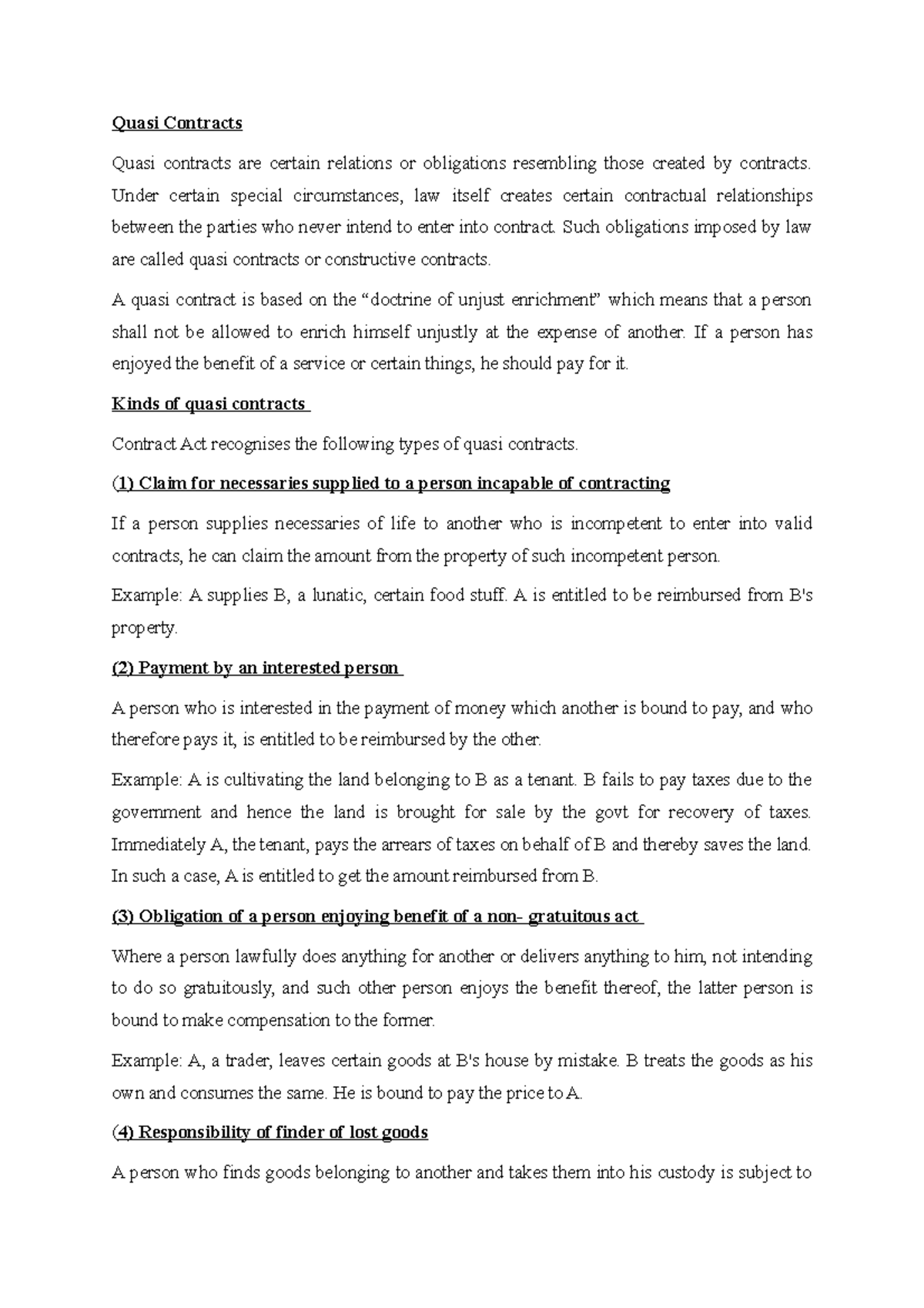Quasi contracts - Grade: A - Quasi Contracts Quasi contracts are ...