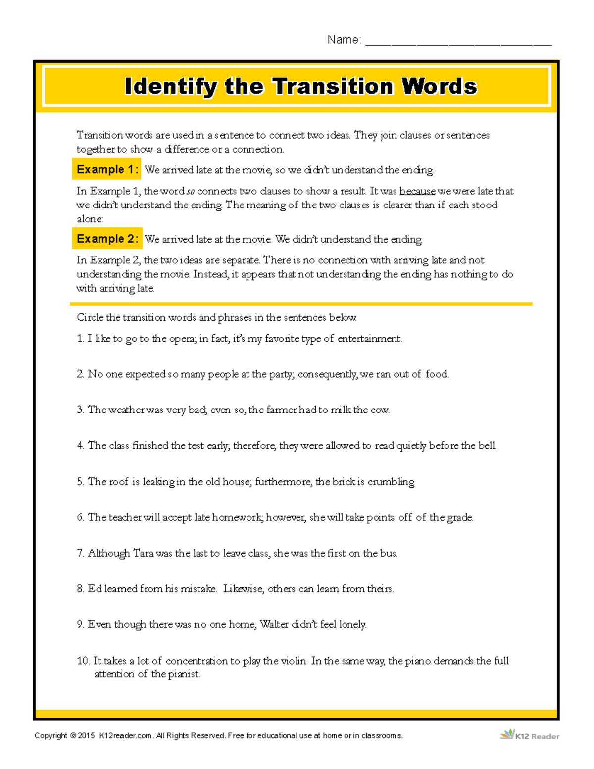 Identify the transition words 2nd handout - Copyright © 2015 K12reader ...