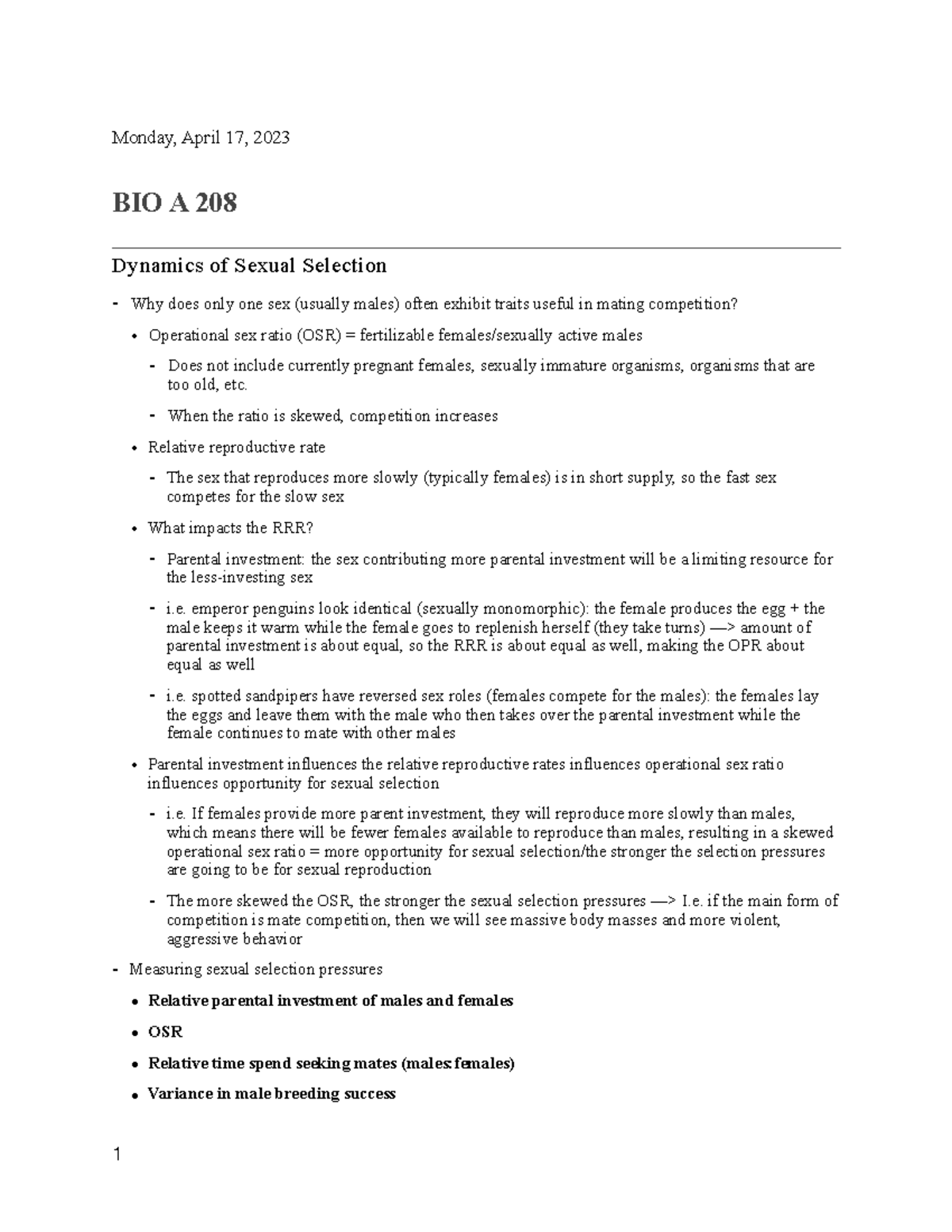BIOA208 Dynamics of Sexual Selection - Monday, April 17, 2023 BIO A 208 ...