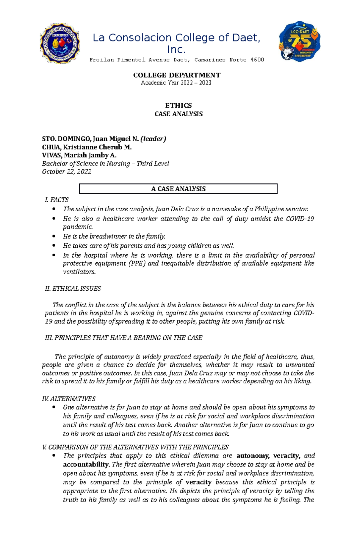 Sample Case Analysis on Ethics - La Consolacion College of Daet, Inc ...