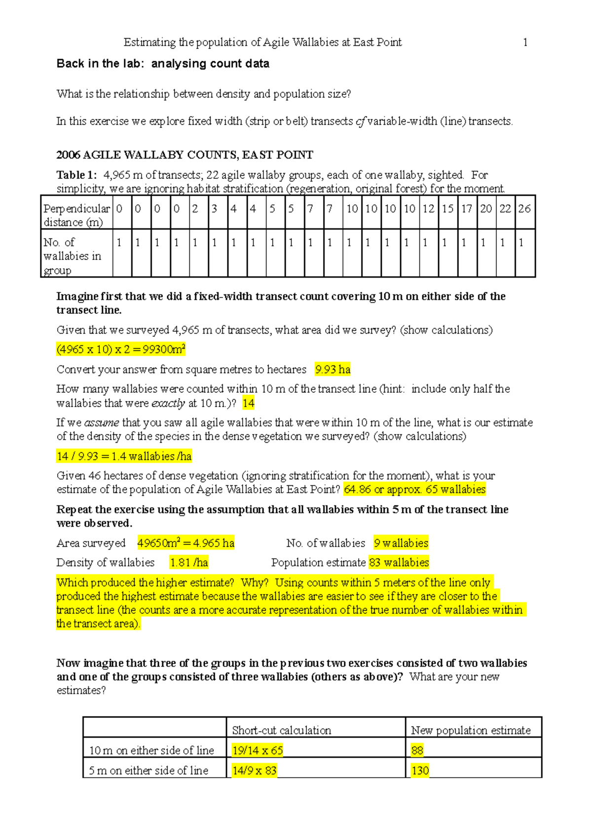 Week 5 tutorial answers - Estimating the population of Agile Wallabies ...