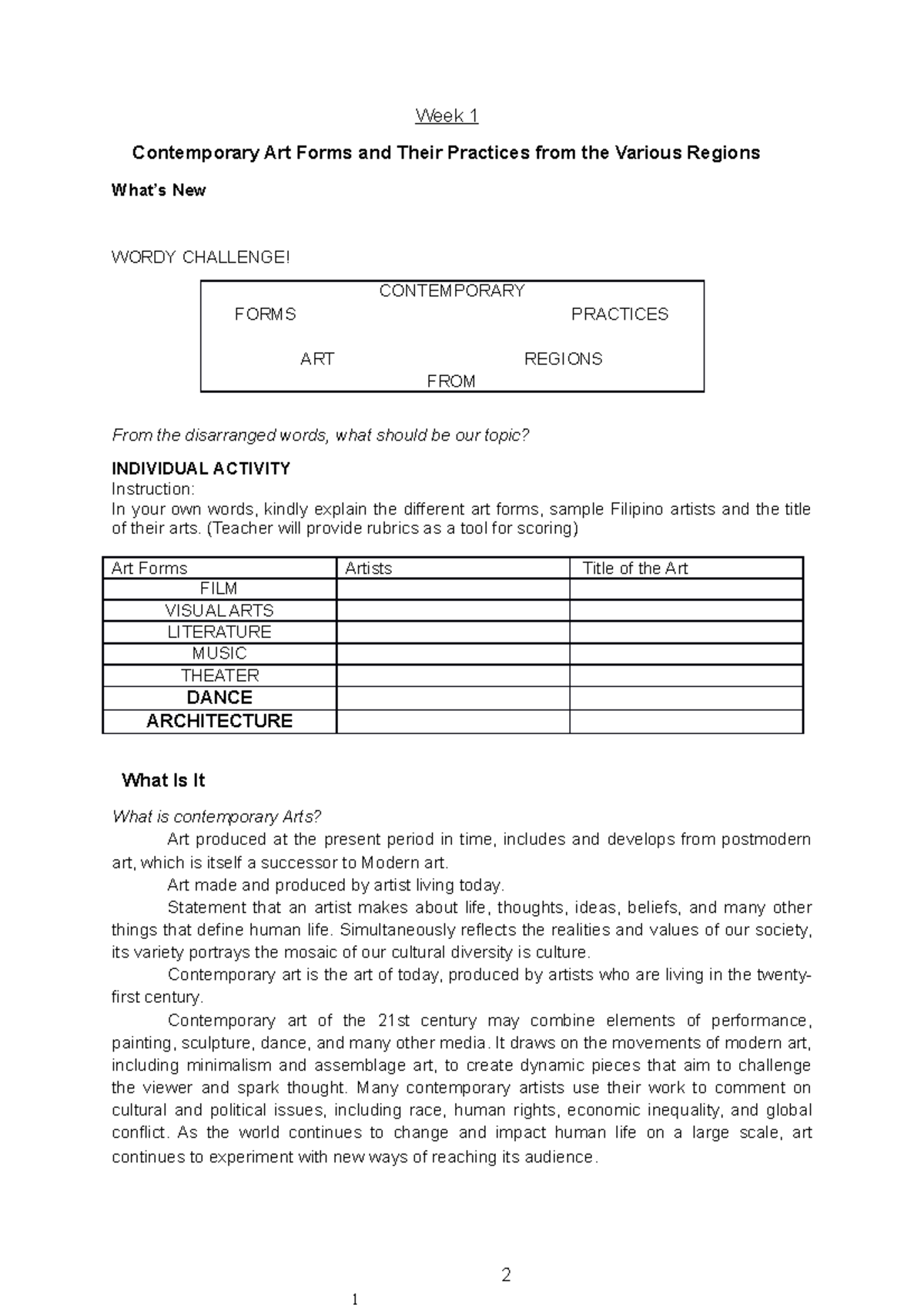 Contemporary Q3 WK 1 2 - contempory - Week 1 Contemporary Art Forms and ...