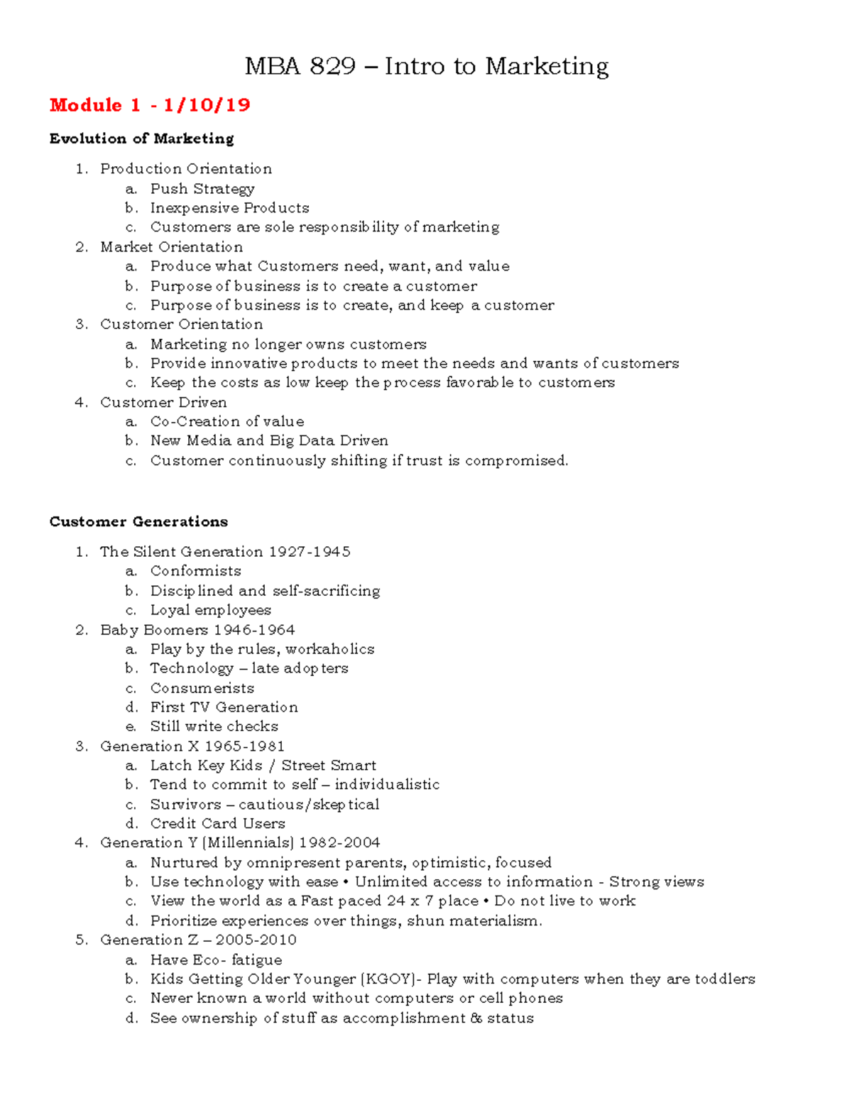 MBA 829 Notes - Outline - MBA 829 – Intro to Marketing Module 1 - 1/10 ...