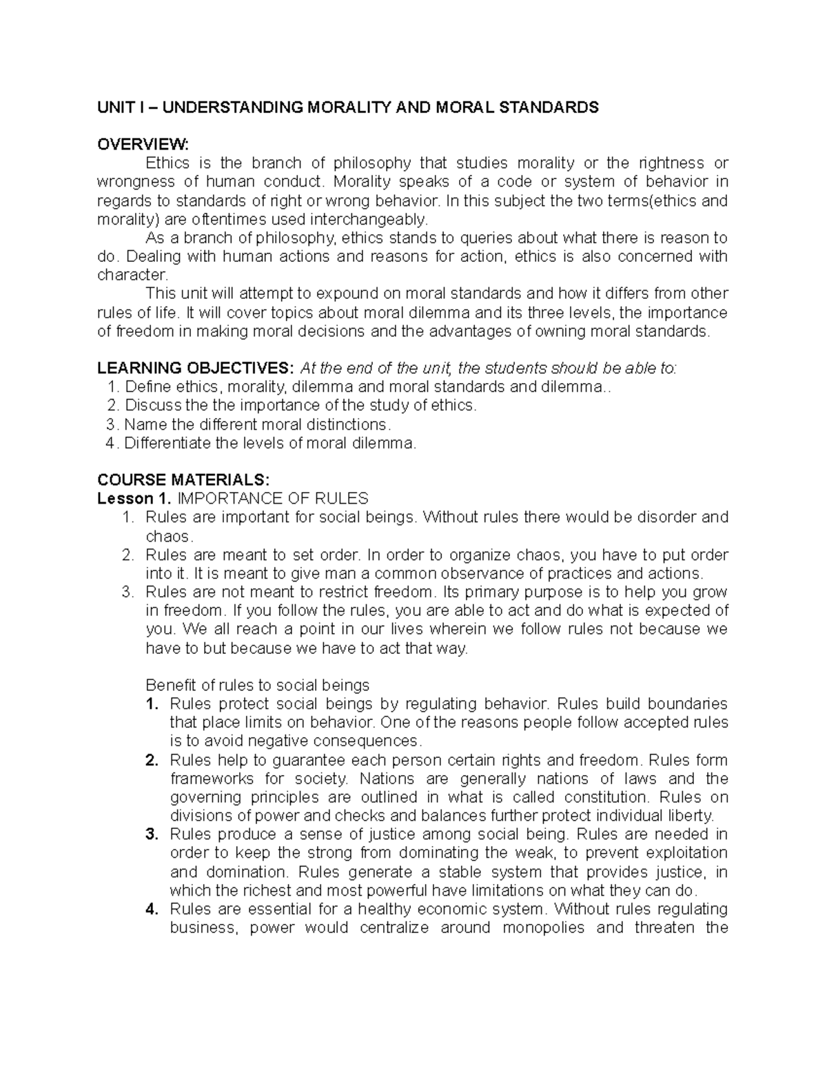 Ethics - UNIT I – UNDERSTANDING MORALITY AND MORAL STANDARDS - UNIT I – UNDERSTANDING MORALITY ...