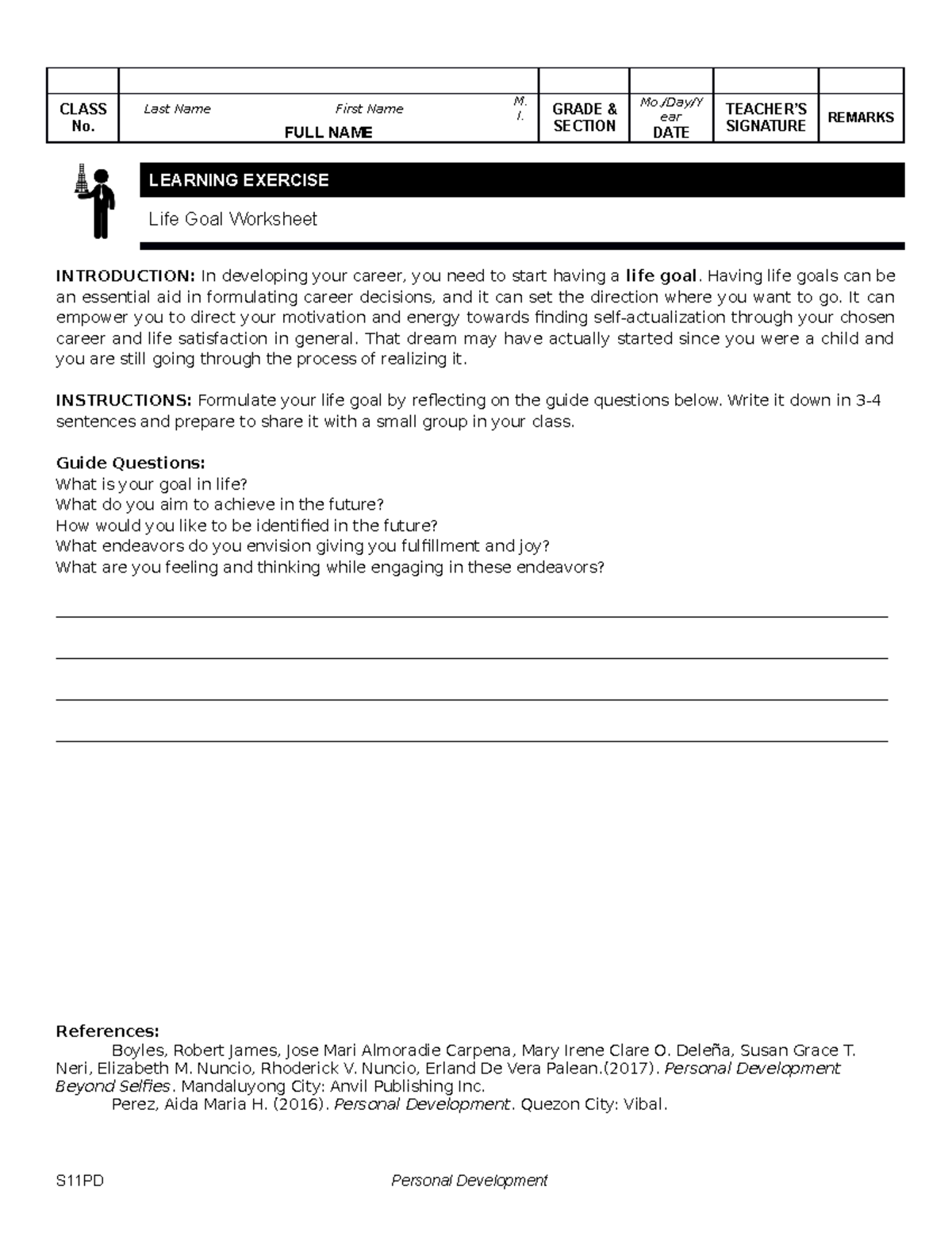 Career ALTO Task 1 - Life Goal Worksheet - CLASS No. Last Name First ...