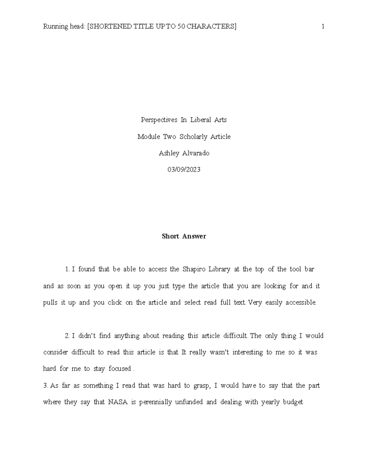 Module Two short answer- Scholary Article - Running head: [SHORTENED ...