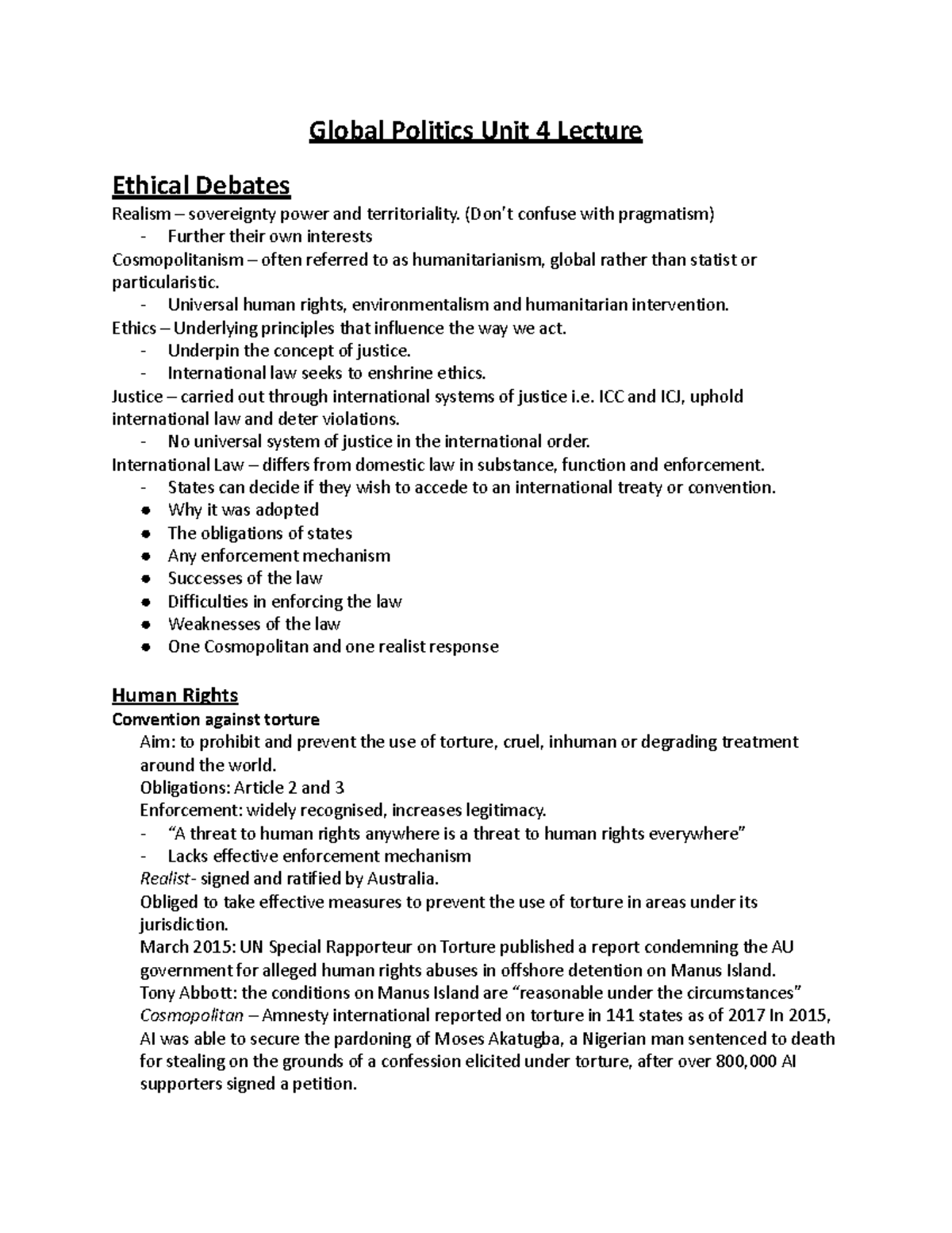 Global Politics Lecture Unit 4 - Global Politics Unit 4 Lecture Ethical ...