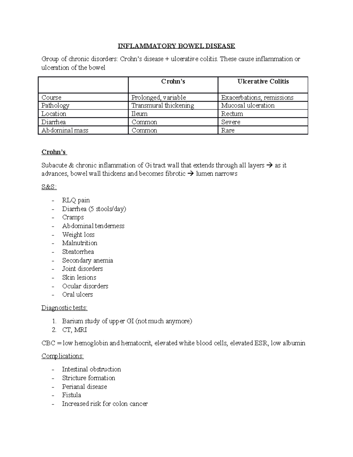 Lower GI - notes - INFLAMMATORY BOWEL DISEASE Group of chronic ...