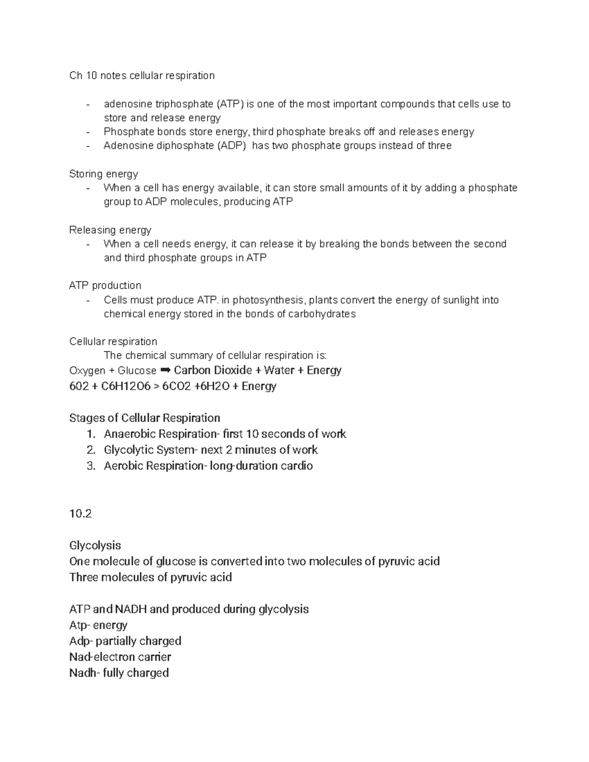 Ch 10 notes cellular respiration - in photosynthesis, plants convert ...