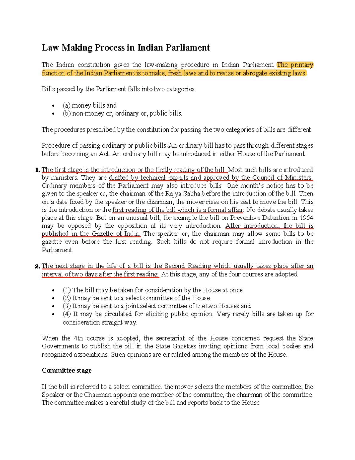 POL 331 2 - Notes regarding Indian government and politics - Law Making ...