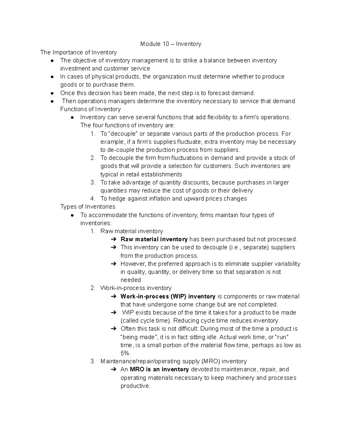 Module 10 – Inventory - notes - Module 10 – Inventory The Importance of ...