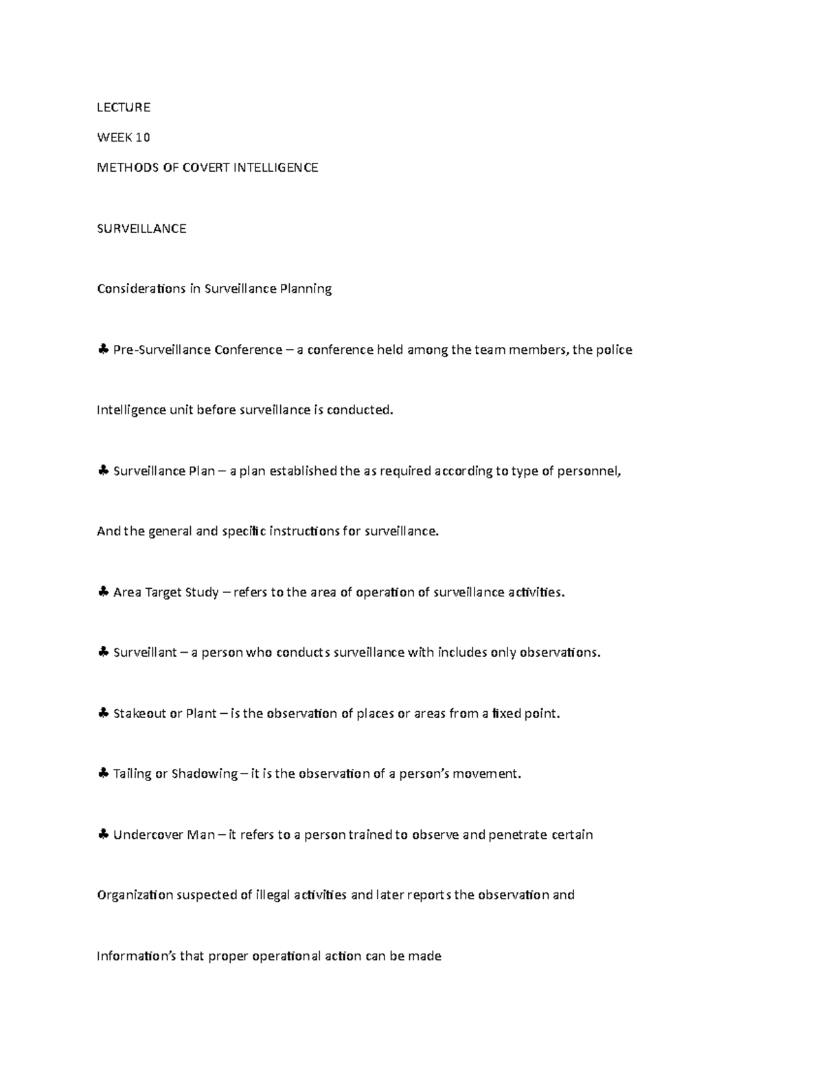 Lecture FOR CDI 10 - LECTUREWEEK 10 METHODS OF COVERT INTELLIGENCE ...