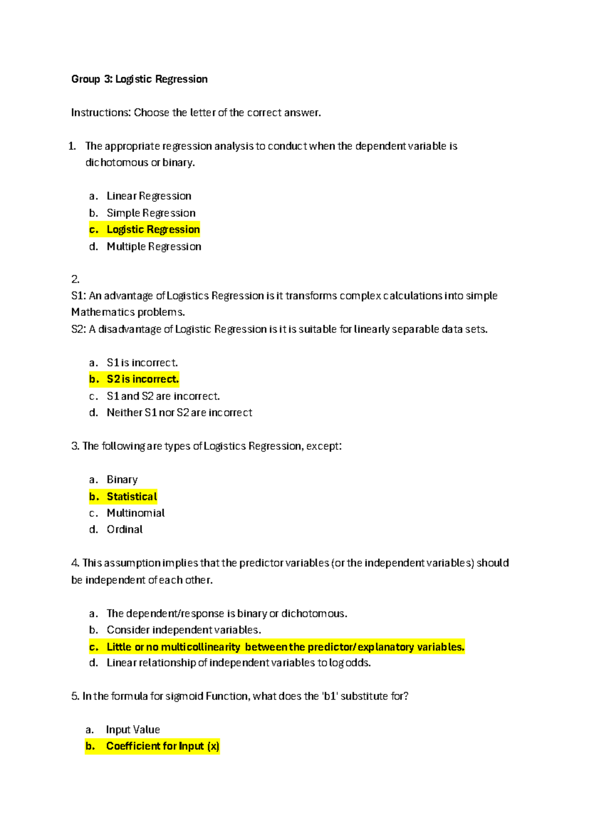 Answer-Key Group-3-Logistic-Regression - Group 3: Logistic Regression Instructions: Choose the ...