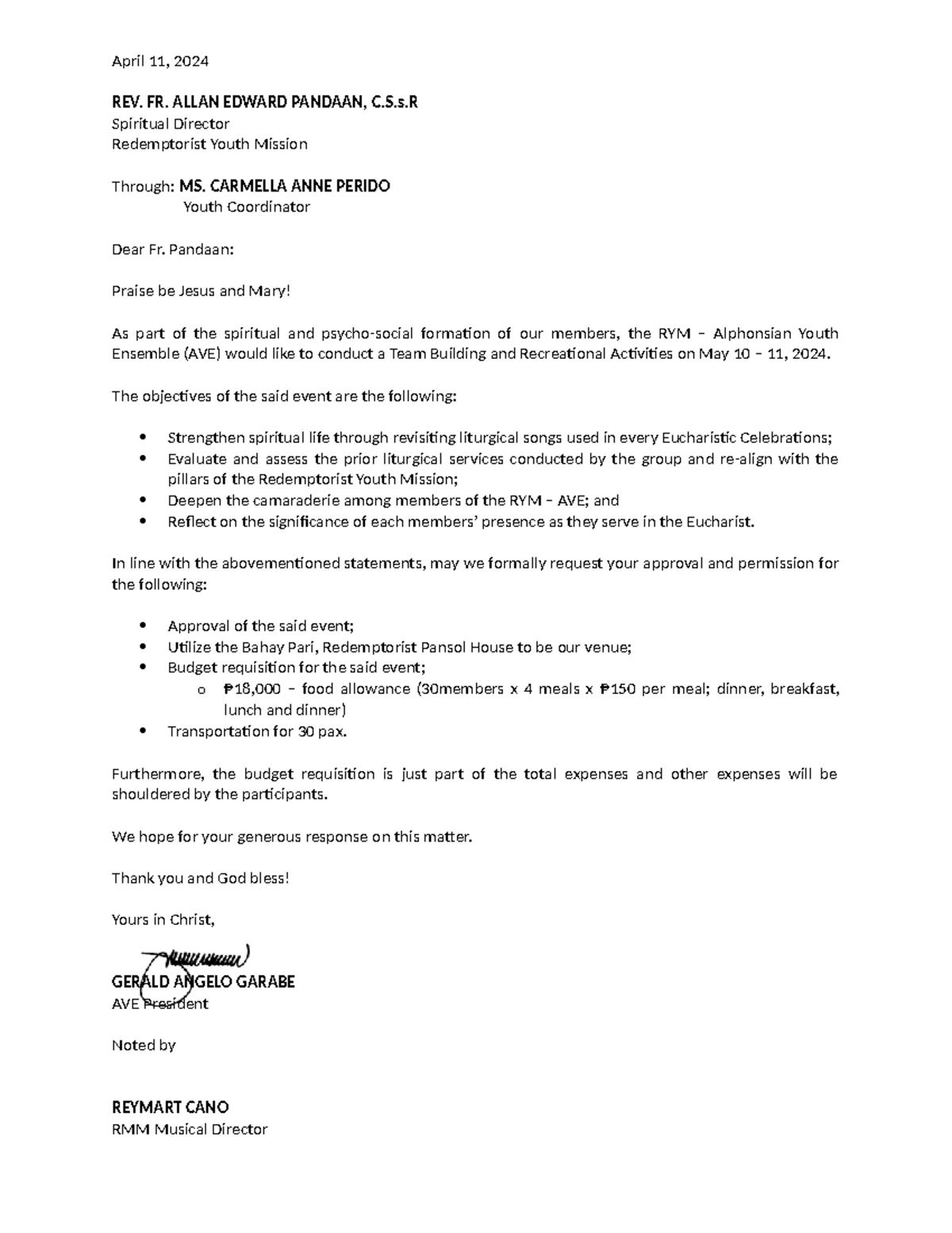 Letter for outing - April 11, 2024 REV. FR. ALLAN EDWARD PANDAAN, C.S.s ...