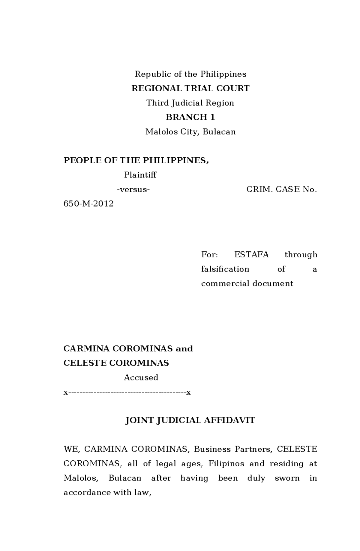 Joint Judicial Affidavit - Republic of the Philippines REGIONAL TRIAL ...
