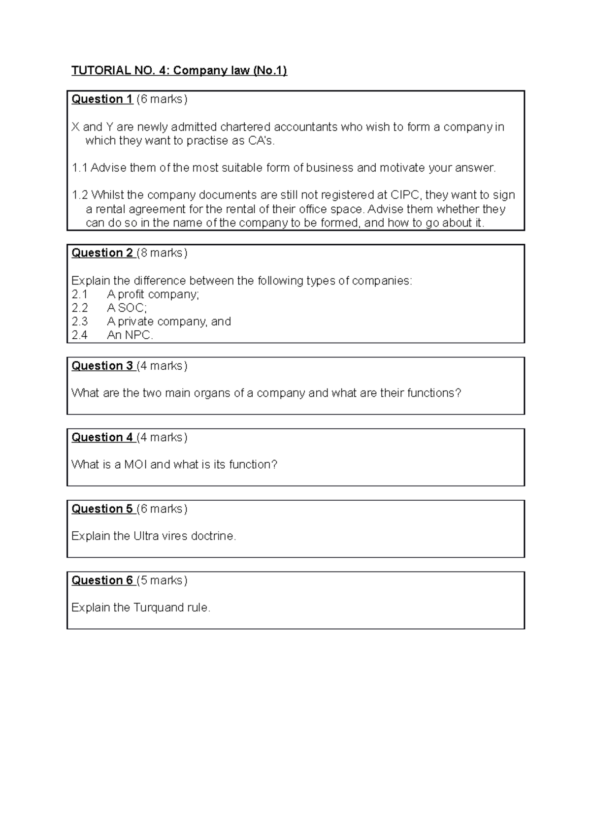 Tutorial 4 Companies - TUTORIAL NO. 4: Company law (No) Question 1 (6 ...