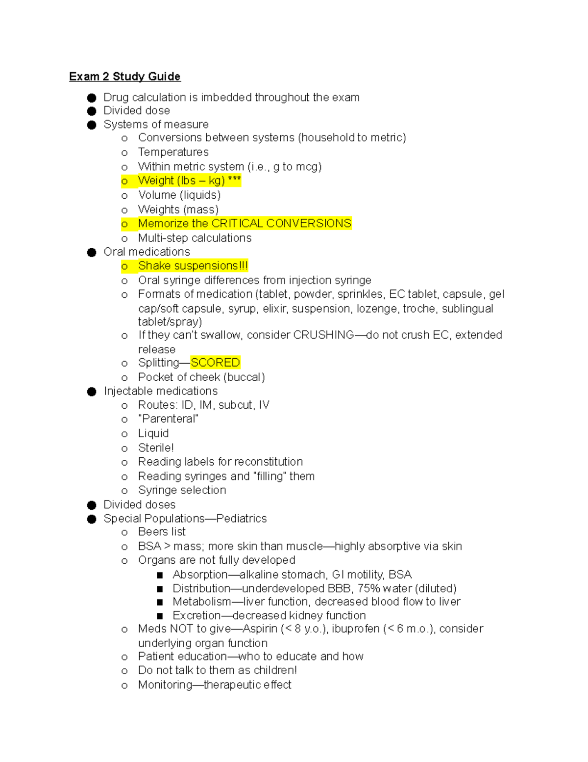 Exam 2 Study Guide - Exam 2 Study Guide Drug calculation is imbedded ...
