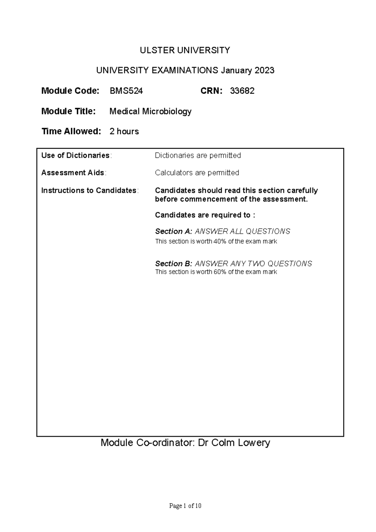 BMS524 exam paper January 2023 - ULSTER UNIVERSITY UNIVERSITY ...