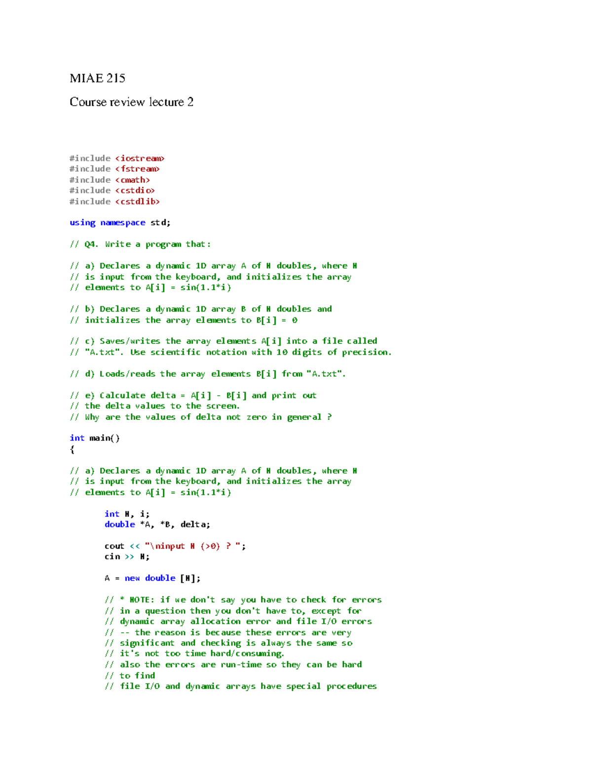 Course review part 2 - MIAE 215 Course review lecture 2 #include # ...