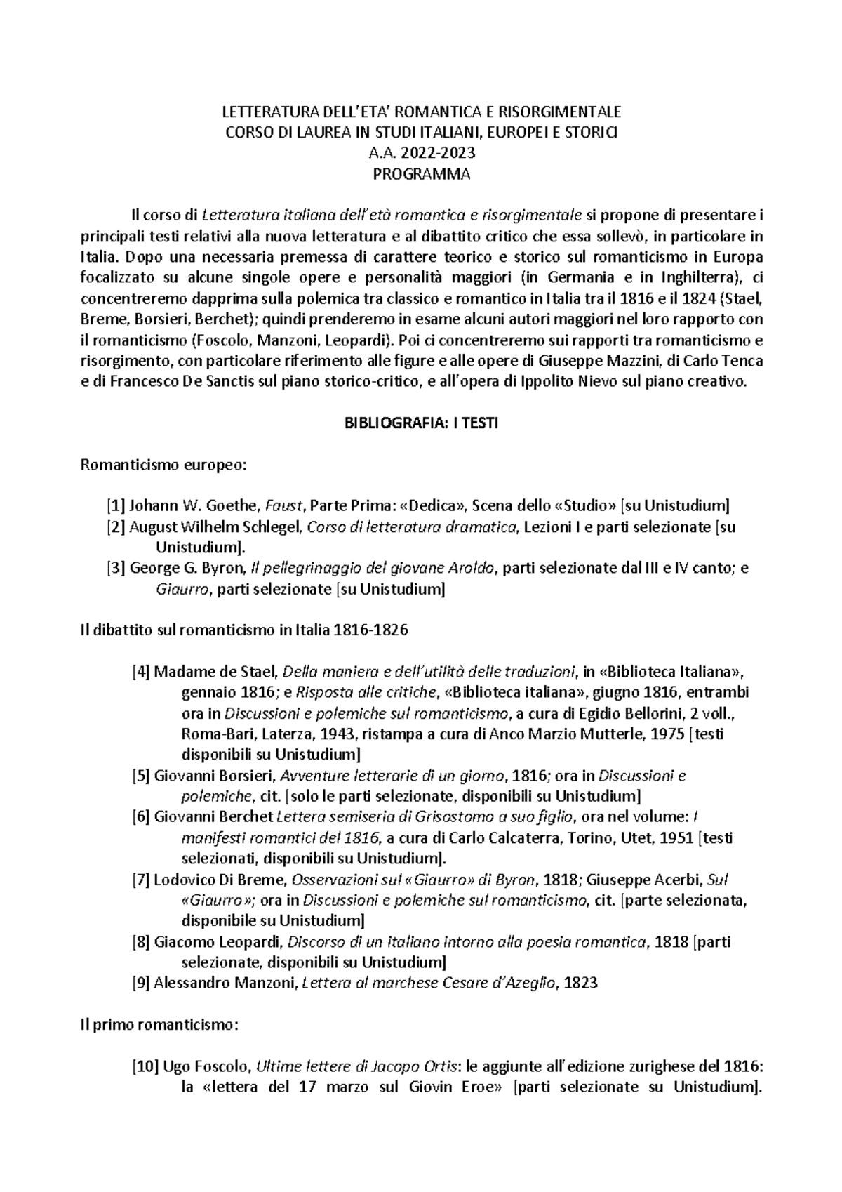 Programma di Letteratura romantica e risorgimentale (versione ...