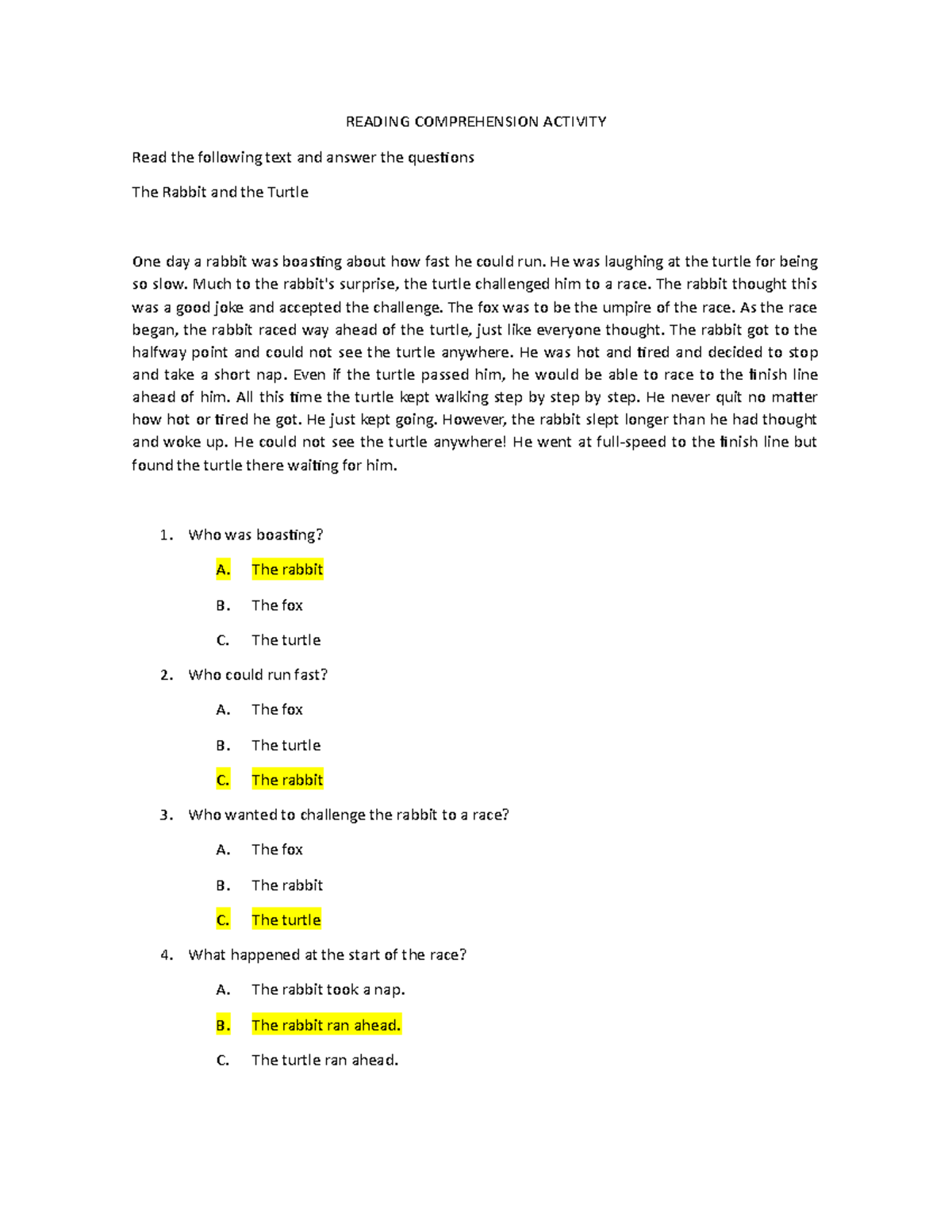 Reading Comprehension Activity - READING COMPREHENSION ACTIVITY Read ...