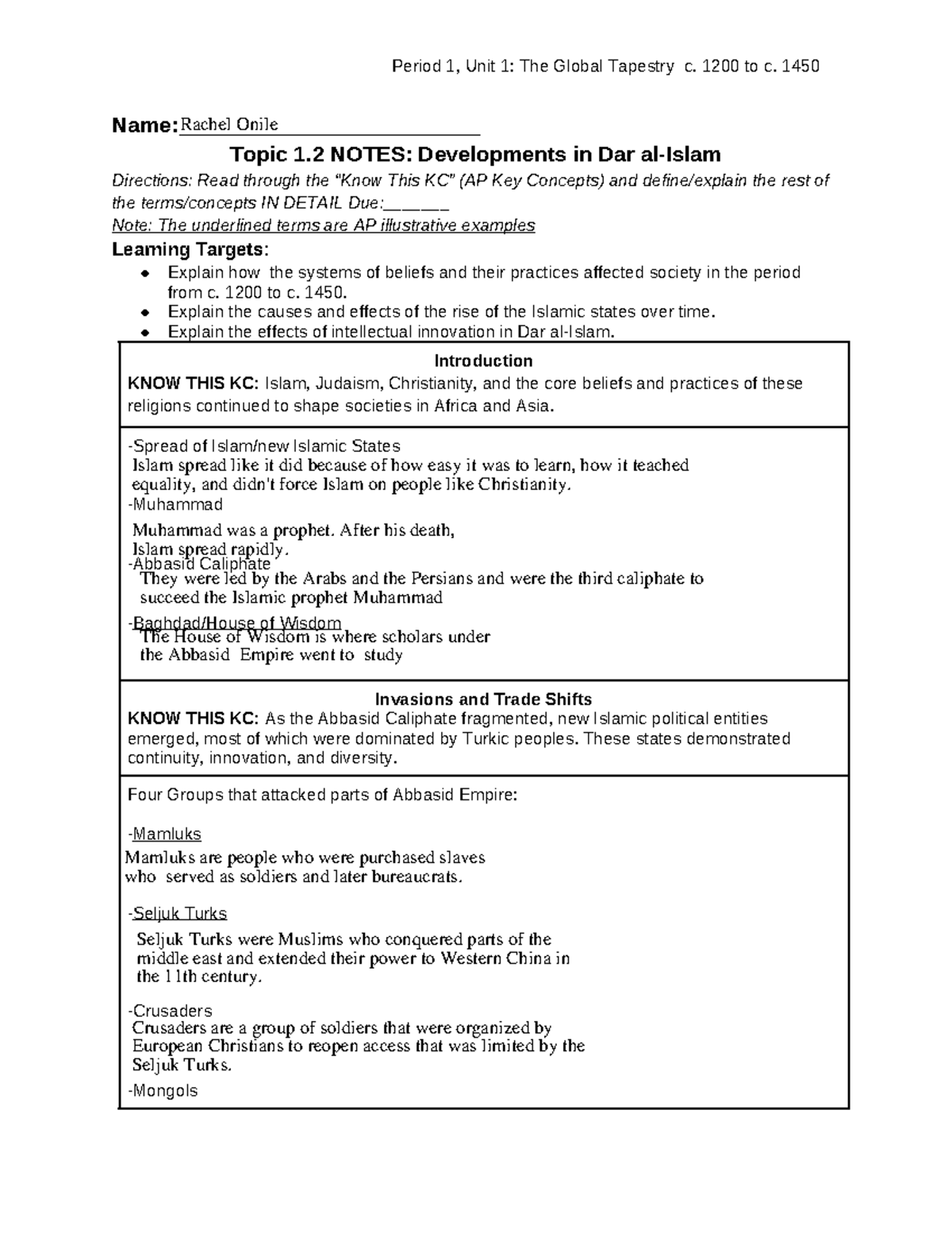 1.2 Developments in Dar al-Islam - Name:_________________________ Topic ...