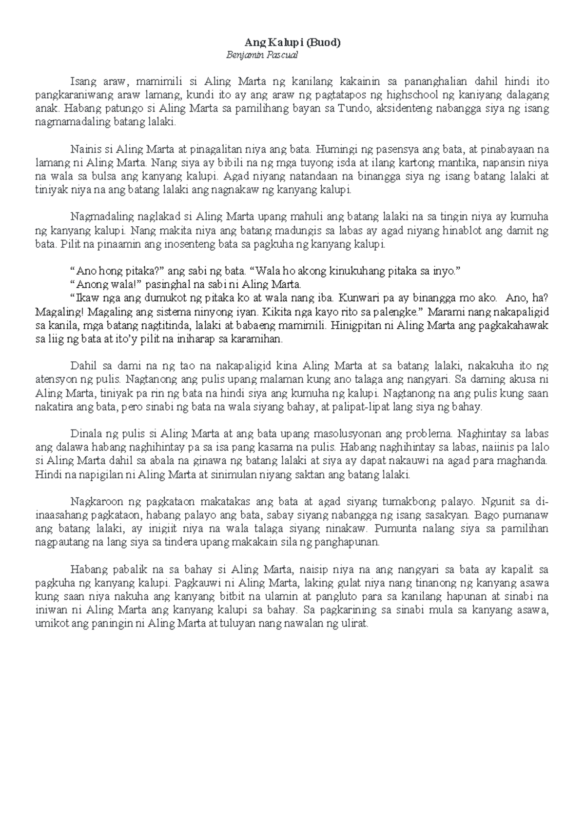 Ang-Kalupi - Ang Kalupi (Buod) Benjamin Pascual Isang araw, mamimili si ...