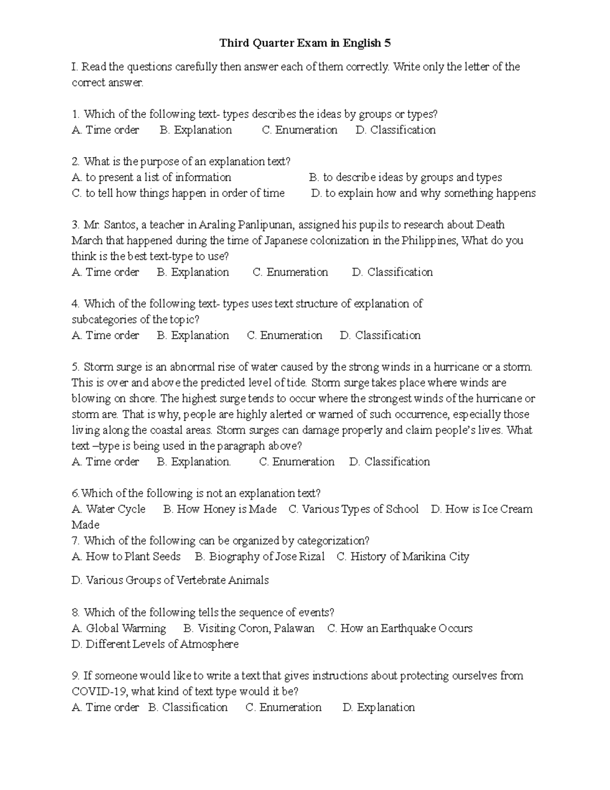 English 5 3rd quarter exam - Third Quarter Exam in English 5 I. Read ...