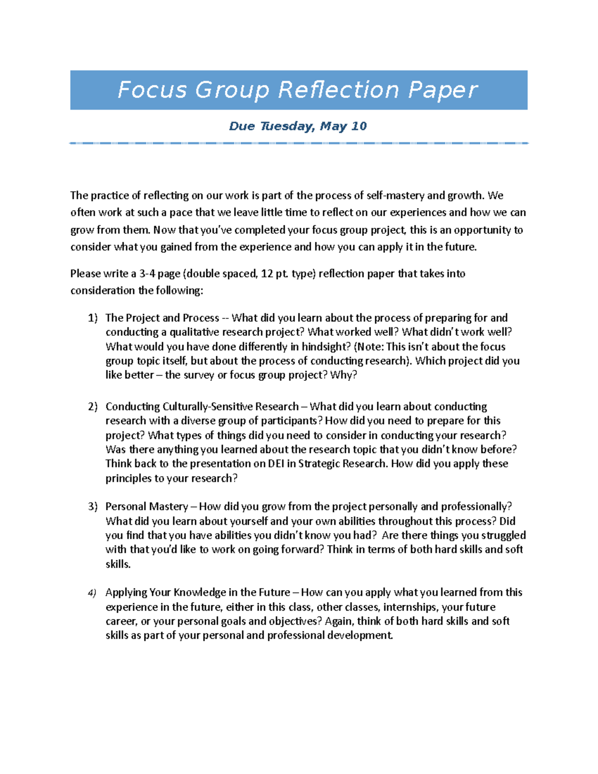 Focus Group Reflection Paper S22 - Focus Group Reflection Paper Due ...