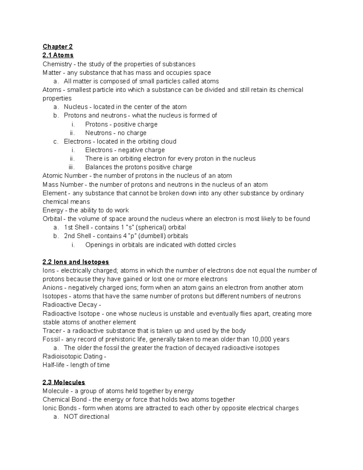 BISC104 Textbook Notes Ch 2 - Chapter 2 2 Atoms Chemistry - the study ...
