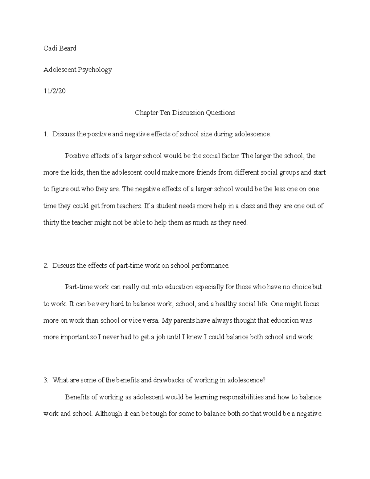 Chapter Ten Discussion Questions - Cadi Beard Adolescent Psychology 11 ...