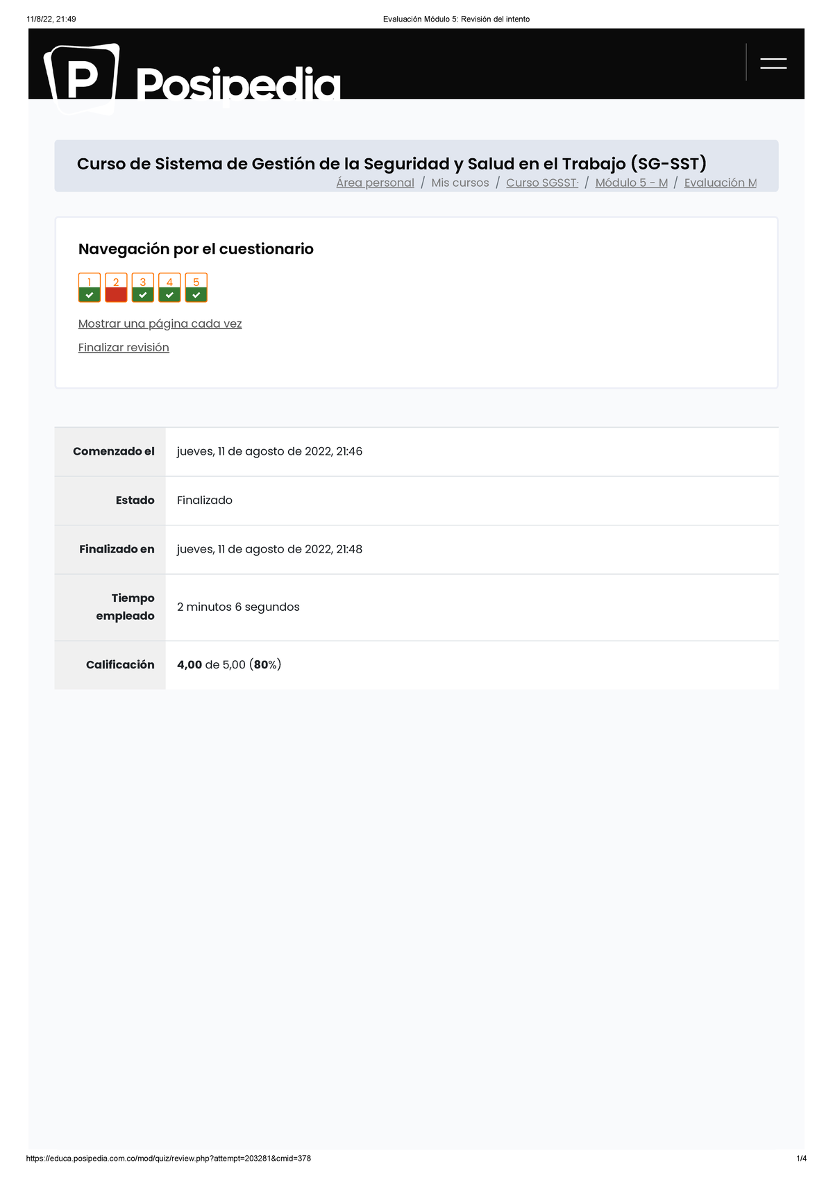 Evaluación Módulo 5 Revisión del intento - Curso de Sistema de Gestión ...