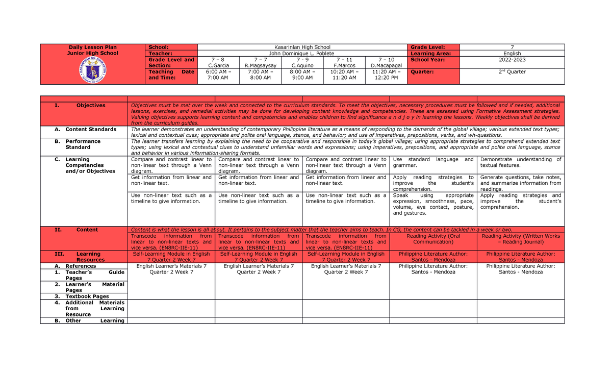 Quarter 2 Week 7 Lesson Plan - Daily Lesson Plan Junior High School ...