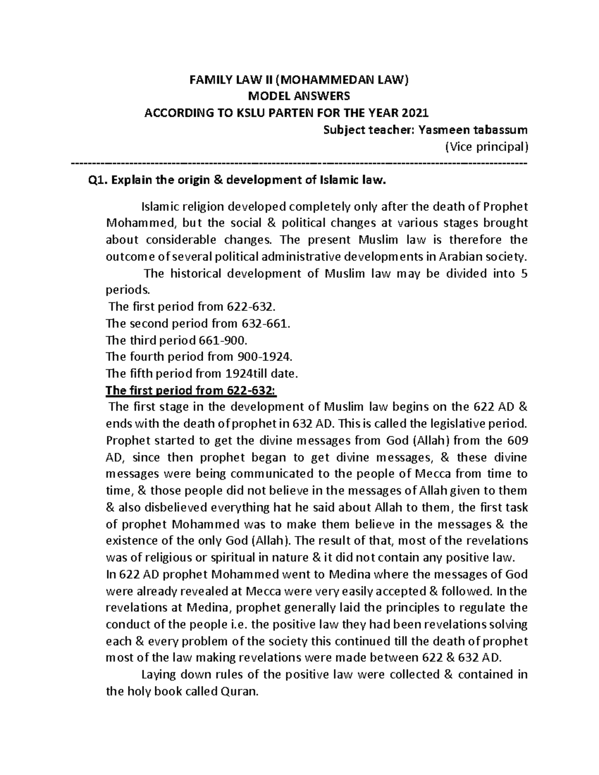 Family LAW -2 Model Answers 2021 - FAMILY LAW II (MOHAMMEDAN LAW) MODEL ...